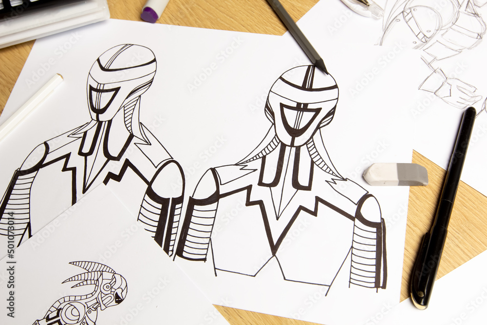 Sketches on paper of animated drawings of robots as characters for a ...