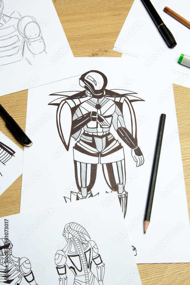 Sketches on paper of animated drawings of robots as characters for a ...
