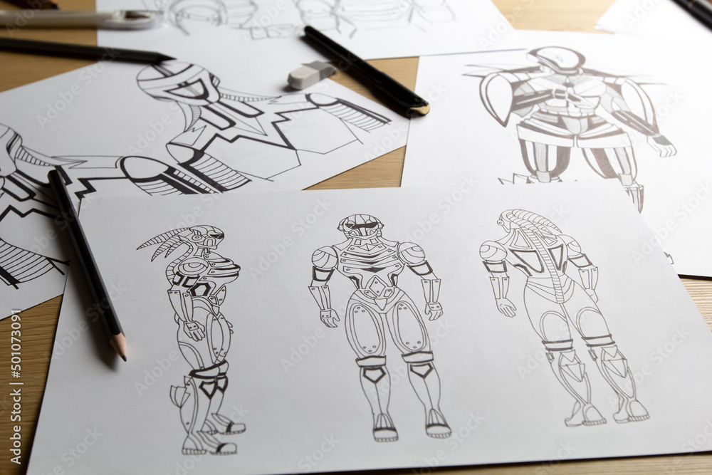Sketches on paper of animated drawings of robots as characters for a ...