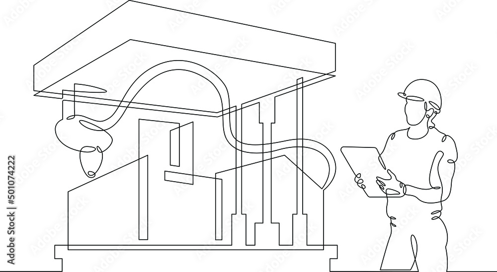 One continuous line.Construction 3D printer. The press of ready houses ...