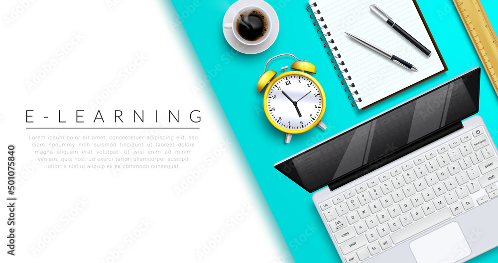 Elearning online education vector design. E-learning text with online ...
