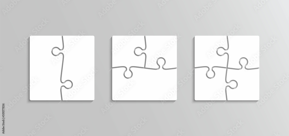 Puzzle pieces set. Jigsaw grid with 2, 3, 4 elements. Outline layout of ...
