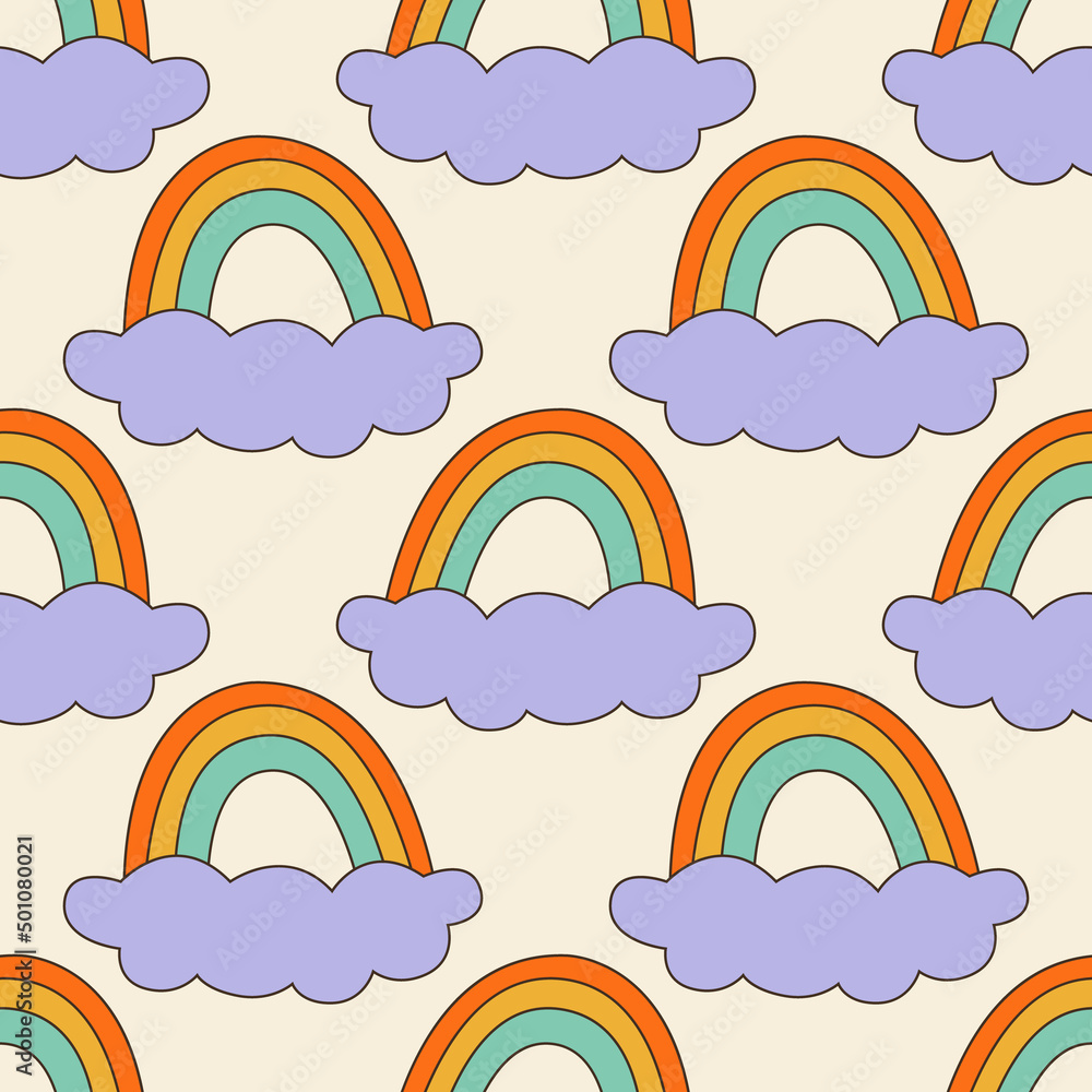 Seamless vector pattern with abstract rainbow and cloud in groovy style ...