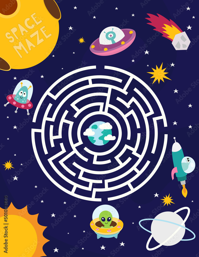 Space Maze game for children. Help the Alien get to Planet. Vector ...