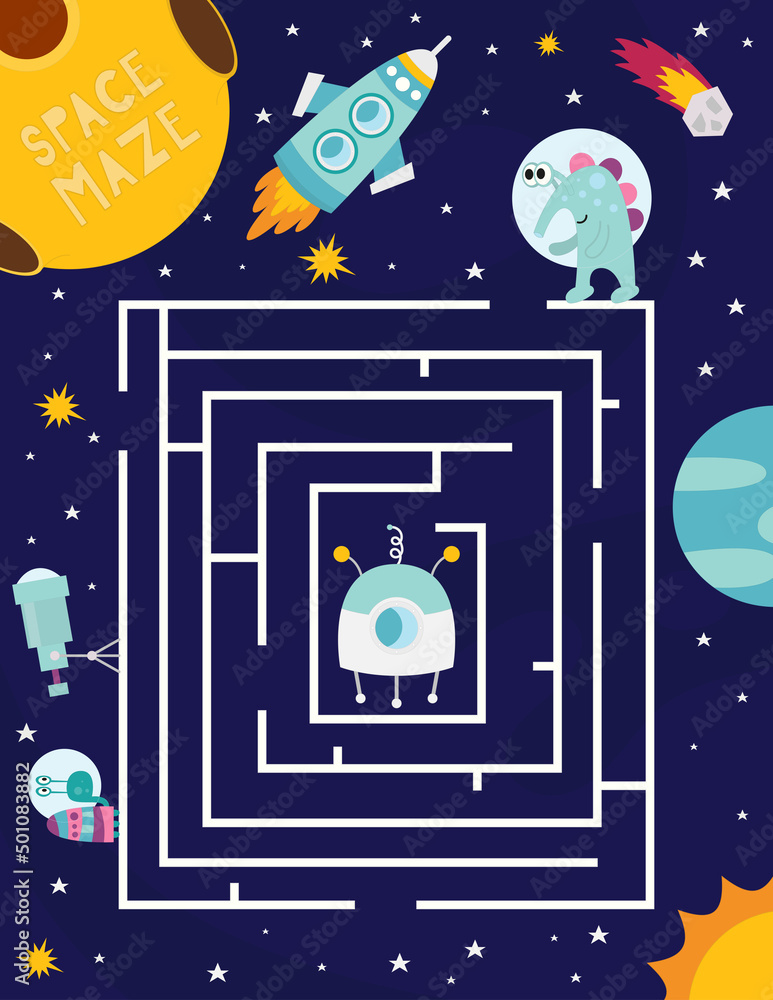 Space Maze game for children. Help the Alien get to spaceship. Vector ...