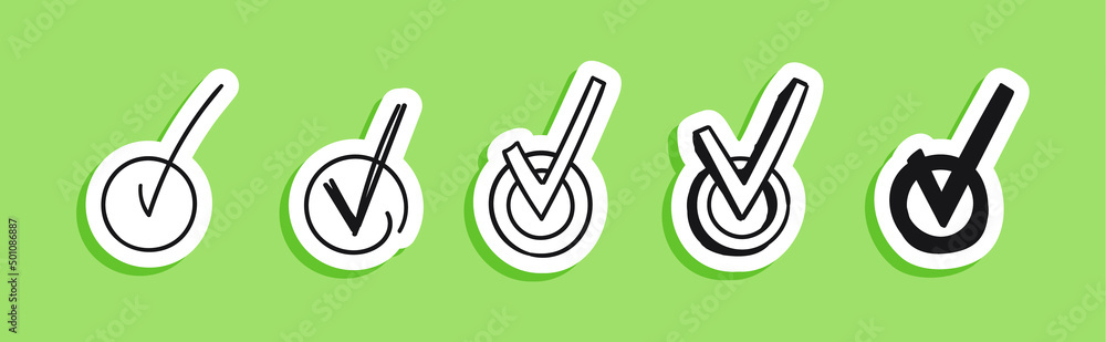 Round stickers checkboxes with tick. Hand-drawn scribble check marks ...