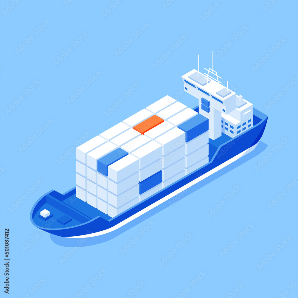 Cargo commercial ship with pile metallic rectangle container isometric ...