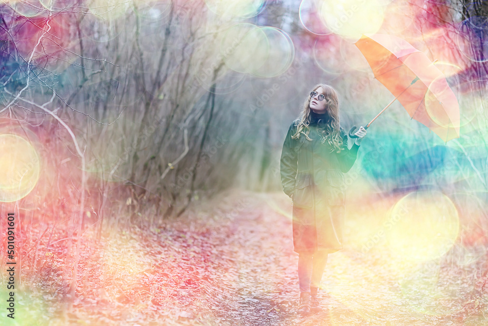 seasonal autumn portrait, sad girl with umbrella, november seasonal ...