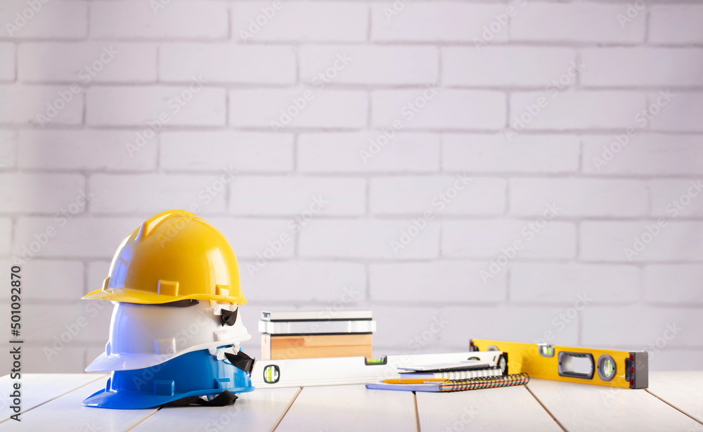 Contractor theme. Equipment of the contractor: yellow, white and blue ...