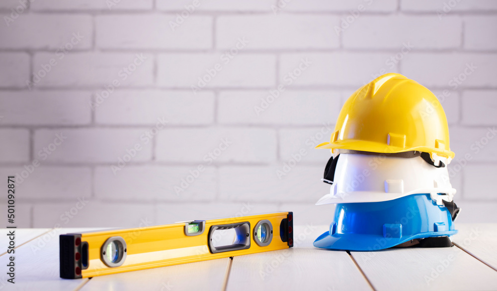 Contractor theme. Equipment of the contractor: yellow, white and blue ...