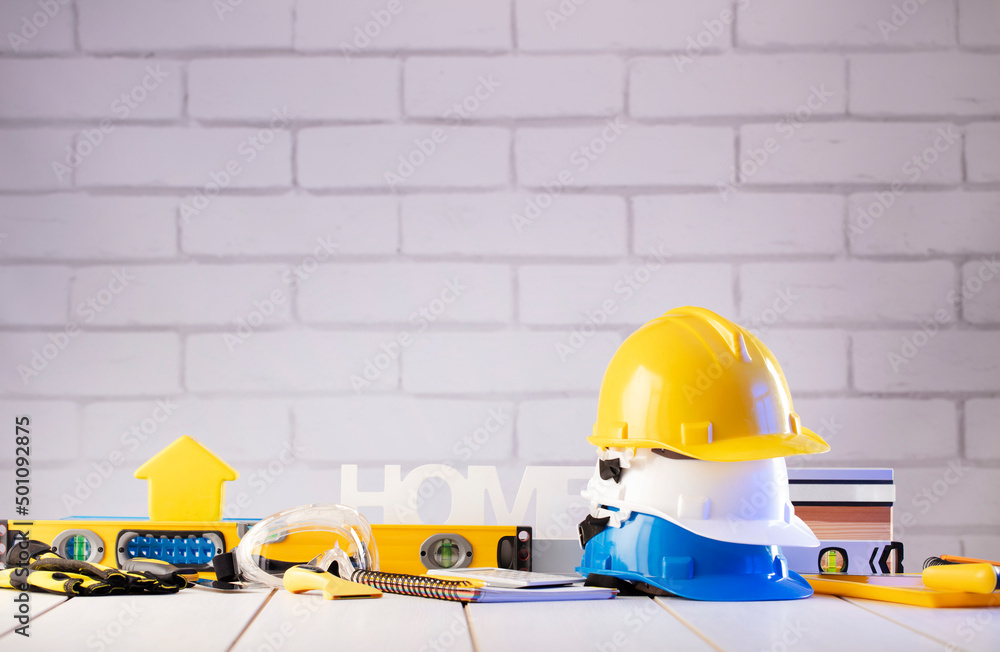 Contractor theme. Equipment of the contractor: yellow, white and blue ...