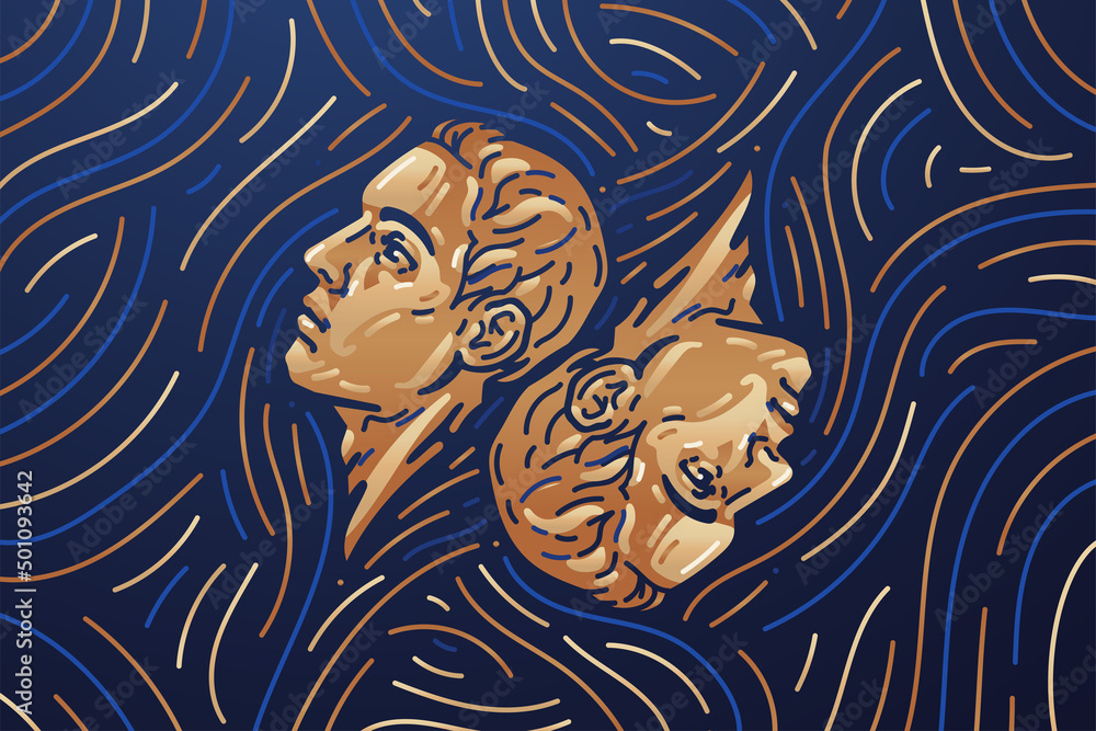 Gemini zodiac sign banner. Dark mode background texture with ...