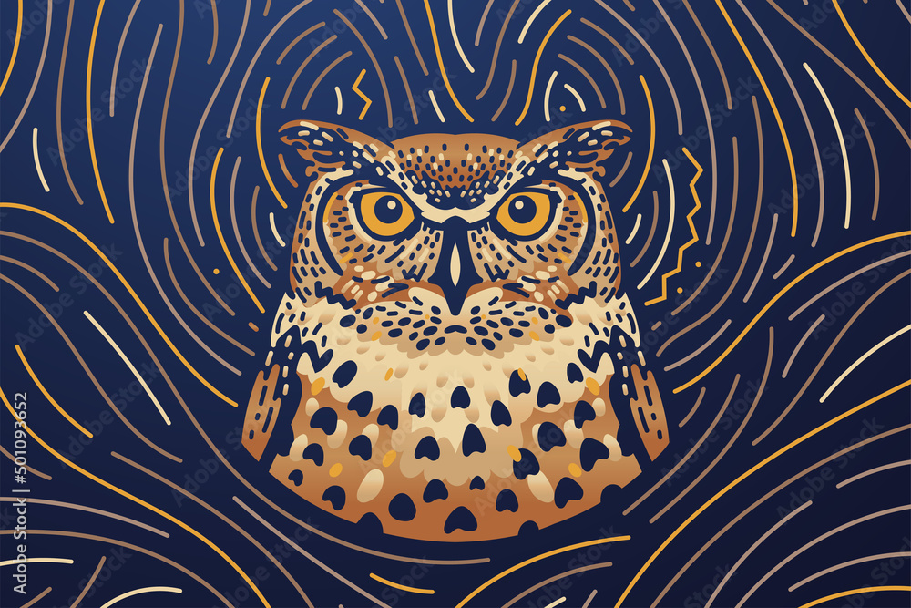 Owl zodiac sign banner. Dark mode background texture with illustration ...