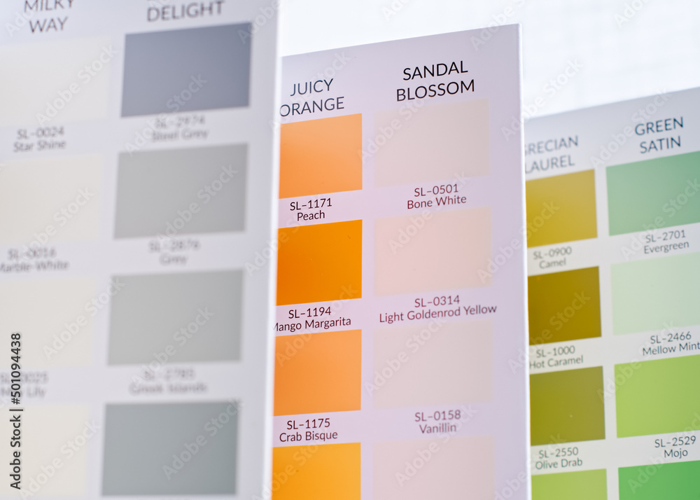 Color palette printed on paper. Color swatch catalog with names for ...