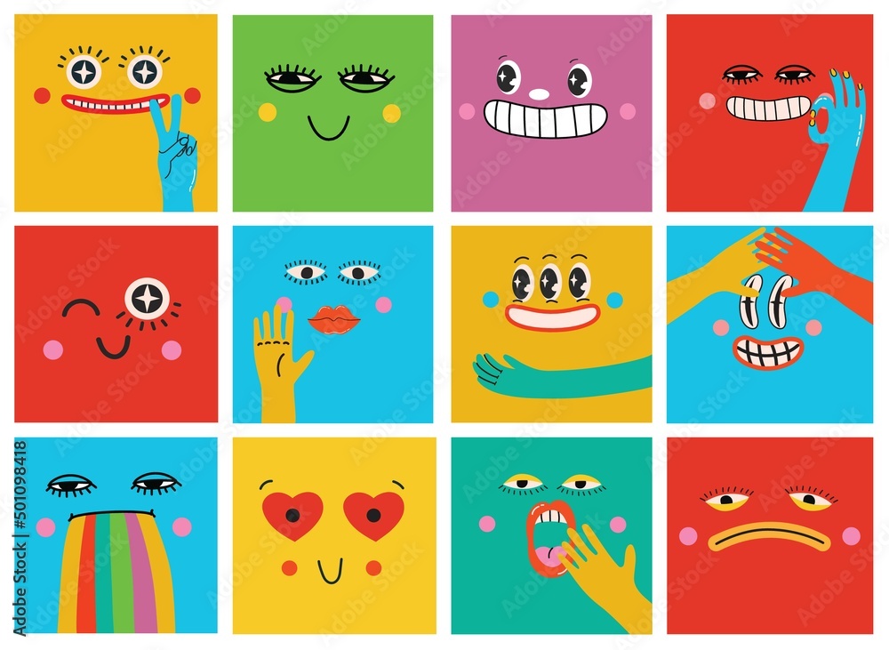 Collection of crazy Abstract comic characters elements and faces ...
