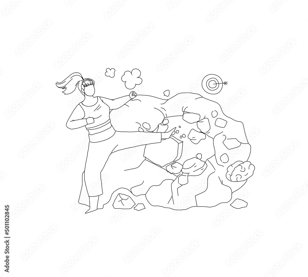 Strong woman breaking stone wall outline vector Stock Vector | Adobe Stock