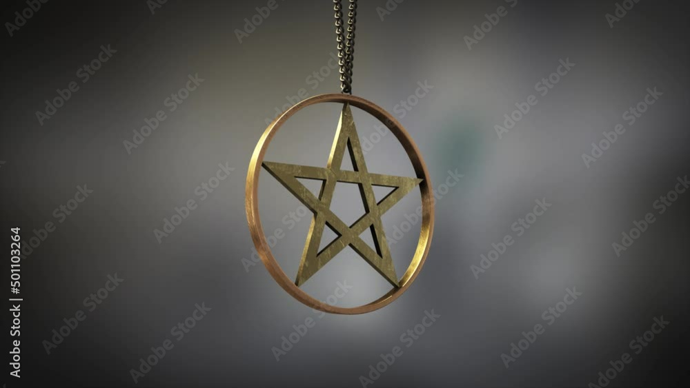 High quality close up render of a shiny gold circular pentacle amulet ...