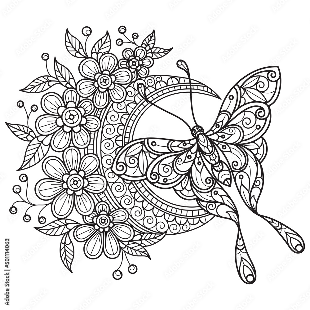 Butterfly And Flower Moon Hand Drawn For Adult Coloring Book Stock
