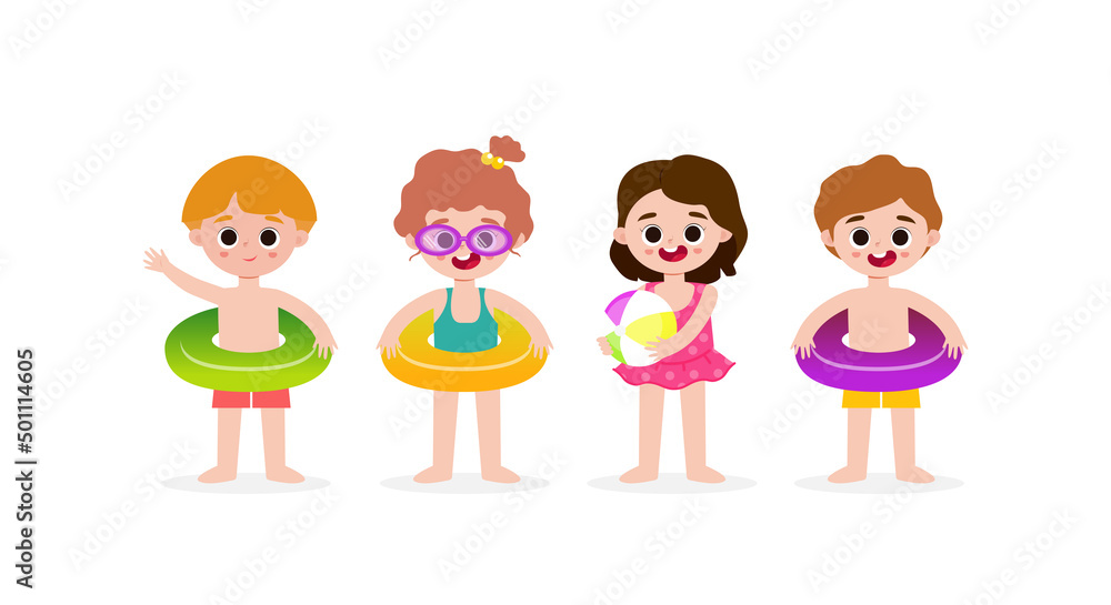 Set Of Cute Kids cartoon Pool party characters, Multiracial children ...