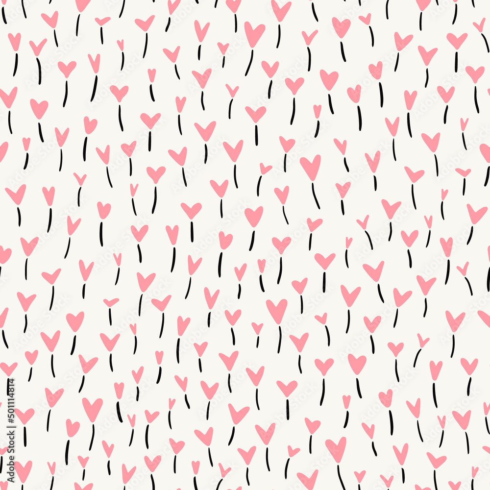 Cute heart shaped flowers with stems seamless repeat pattern. Vector ...
