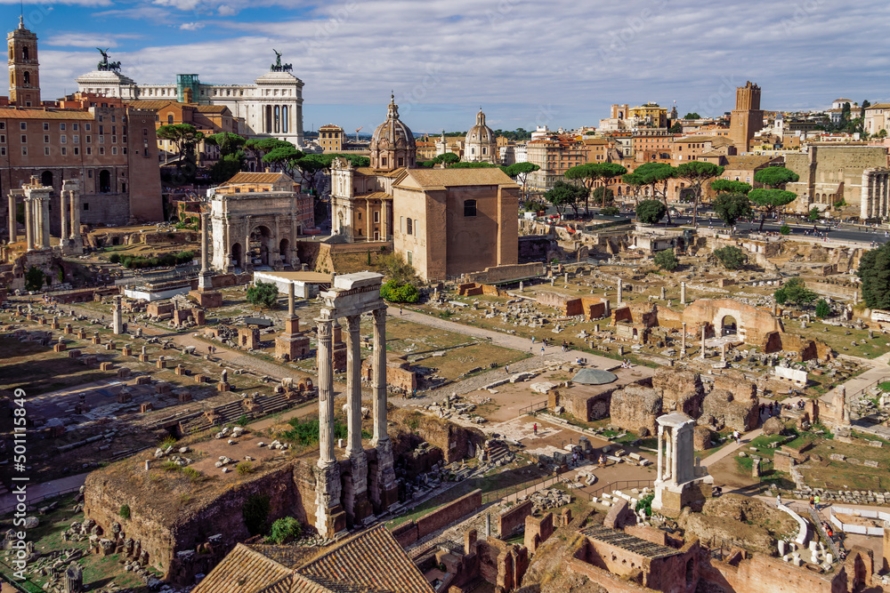 Roman Forum elevated panoramic view with ancient ruins, UNESCO World ...