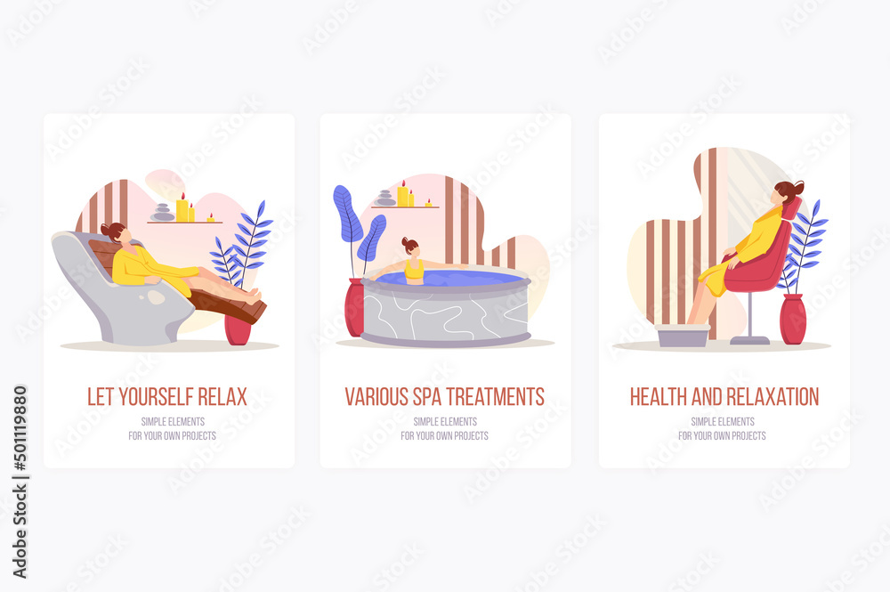 Spa salon concept onboarding screens. Woman relaxing and receiving care ...