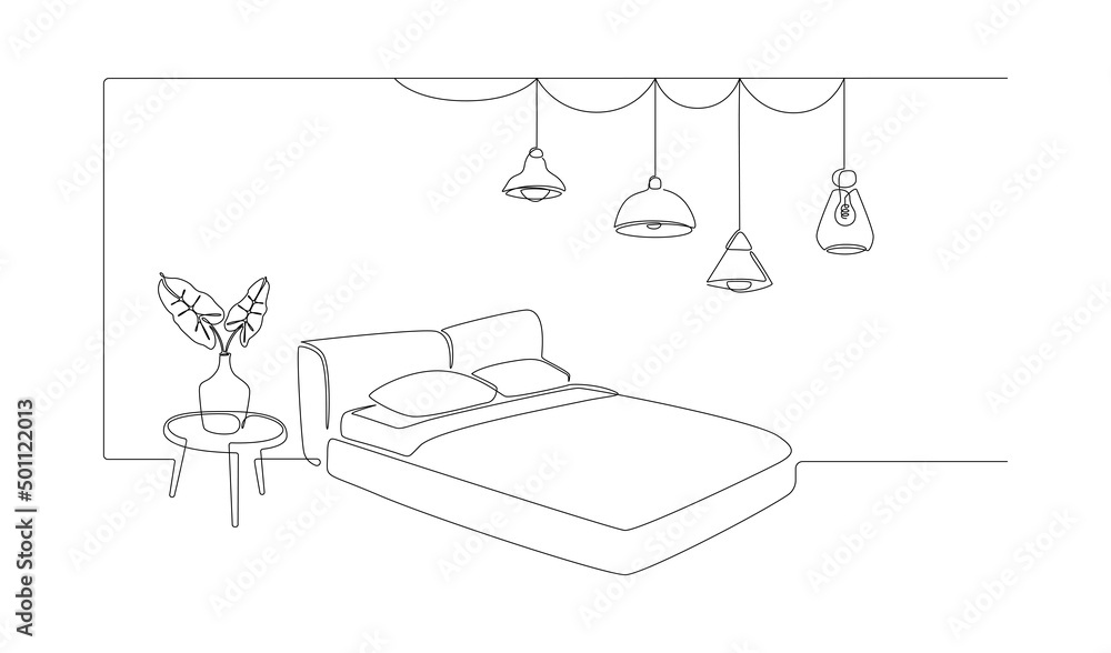 Continuous one line drawing of bed and table with vase with monstera ...