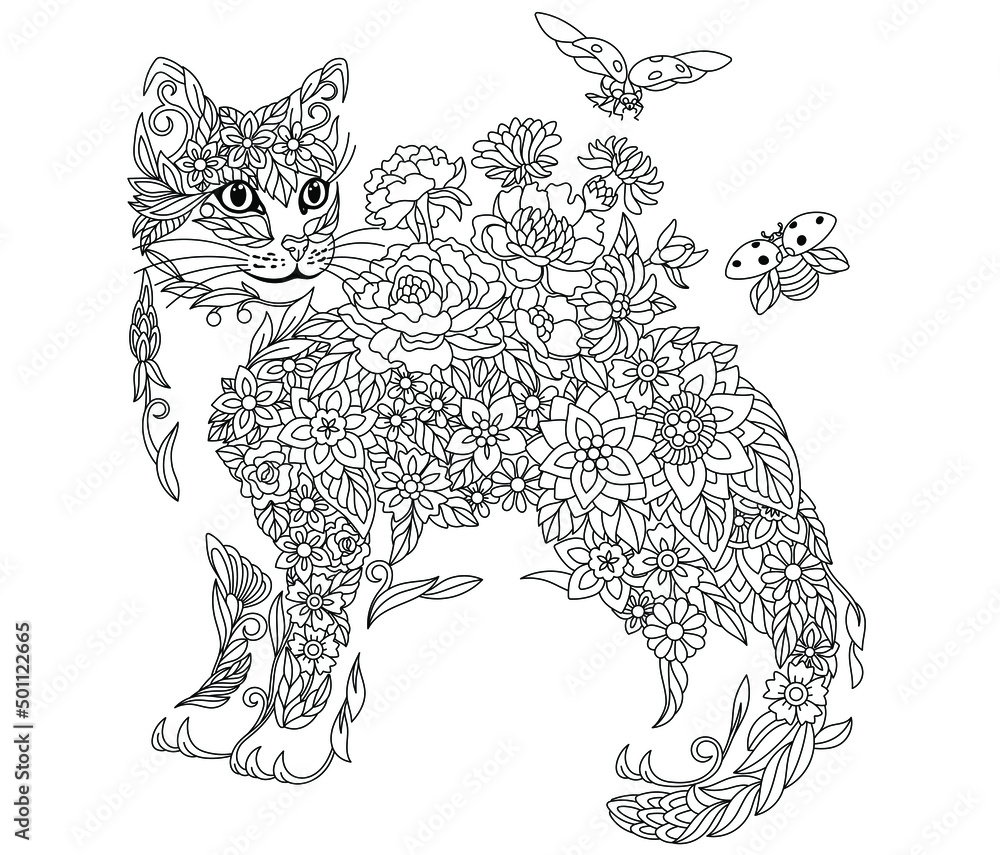 Floral adult coloring book page. Fairy tale cat. Ethereal animal ...