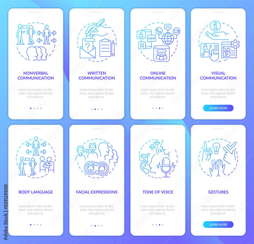 Improve Communication Skills Gradient Onboarding Mobile App Screen Set Walkthrough 4 Steps