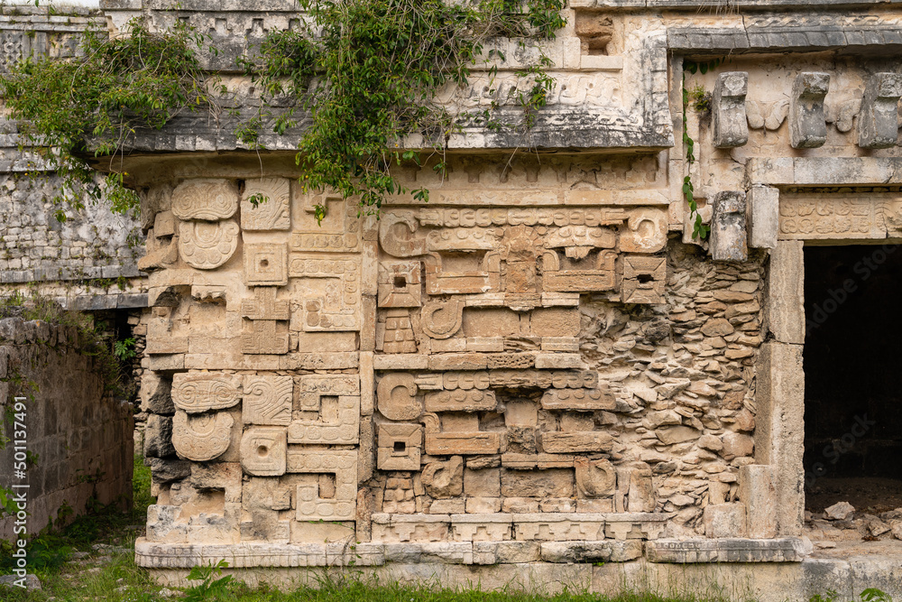 Element with bas-relief ornaments of temple at Chichen Itza built by ...