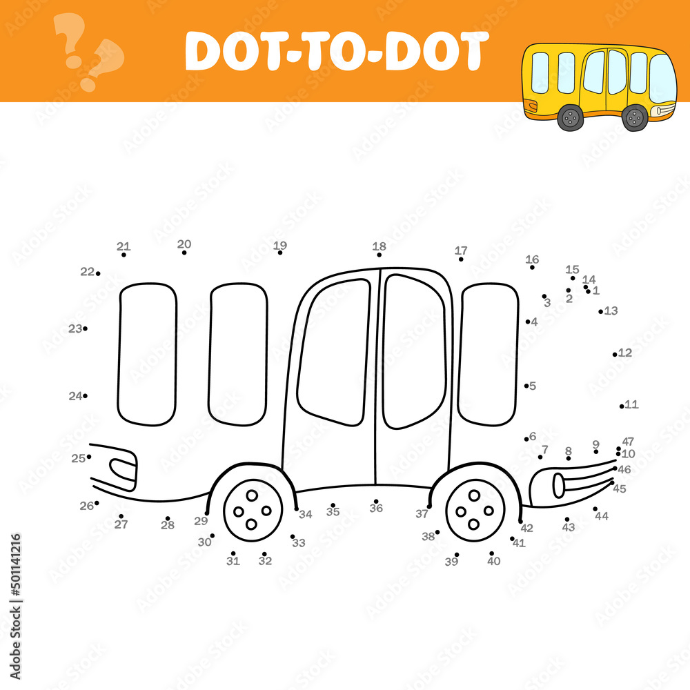 Cartoon yellow bus. Dot to dot educational game for kids. Vector ...