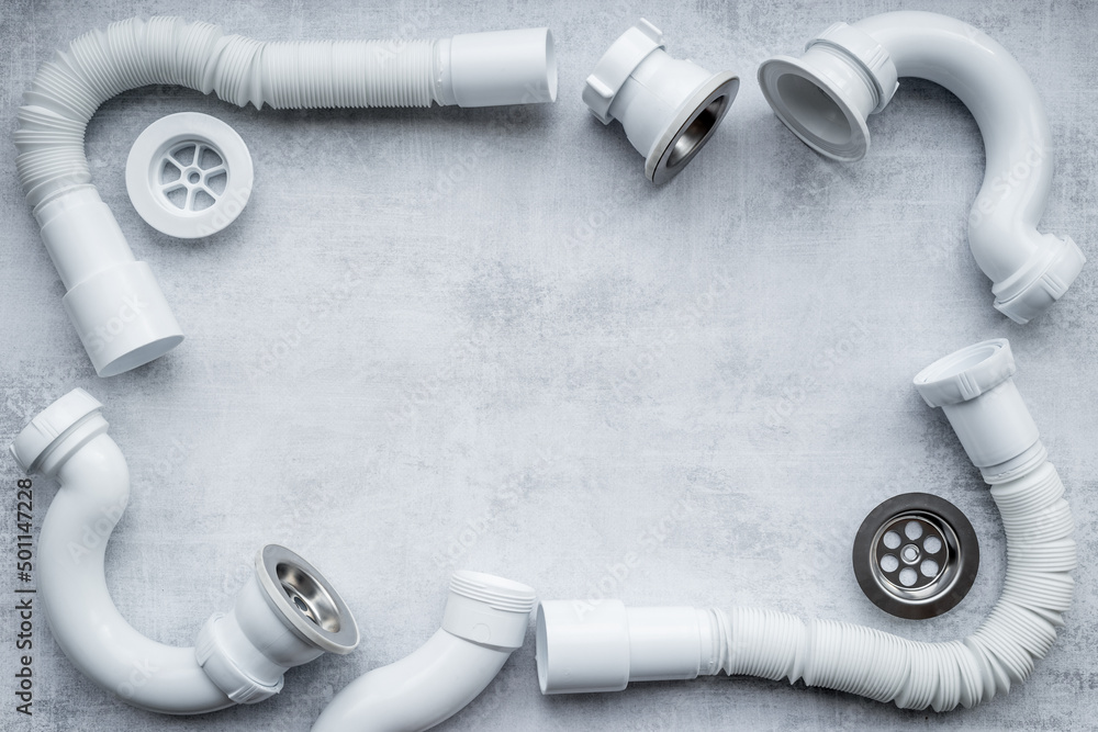 Plumbing work background frame. Plumbing pipes and tools Stock Photo ...