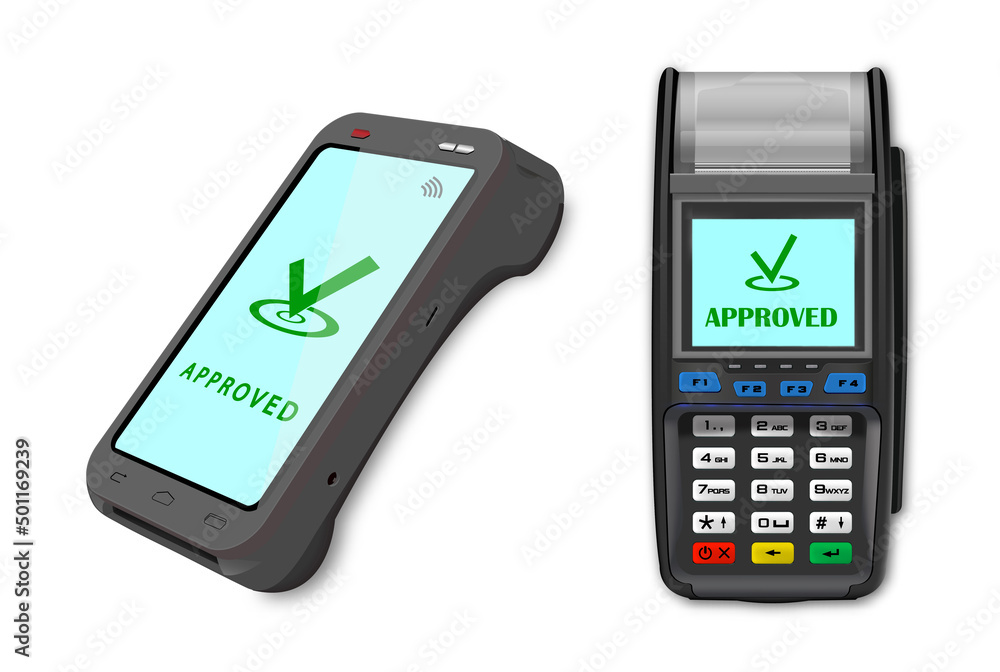 Vector Realistic 3d two payment machines. Close-up of POS terminals on ...