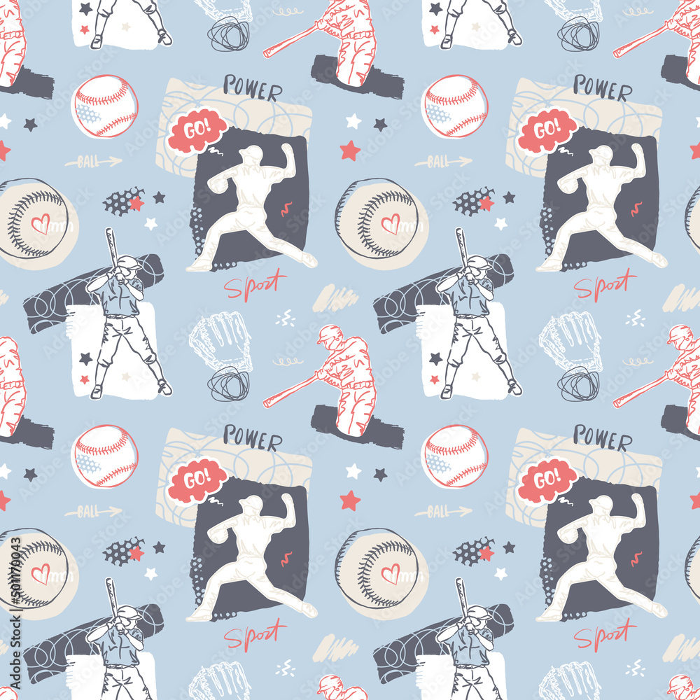 Vector baseball pattern on a blue background with players. Sports ...