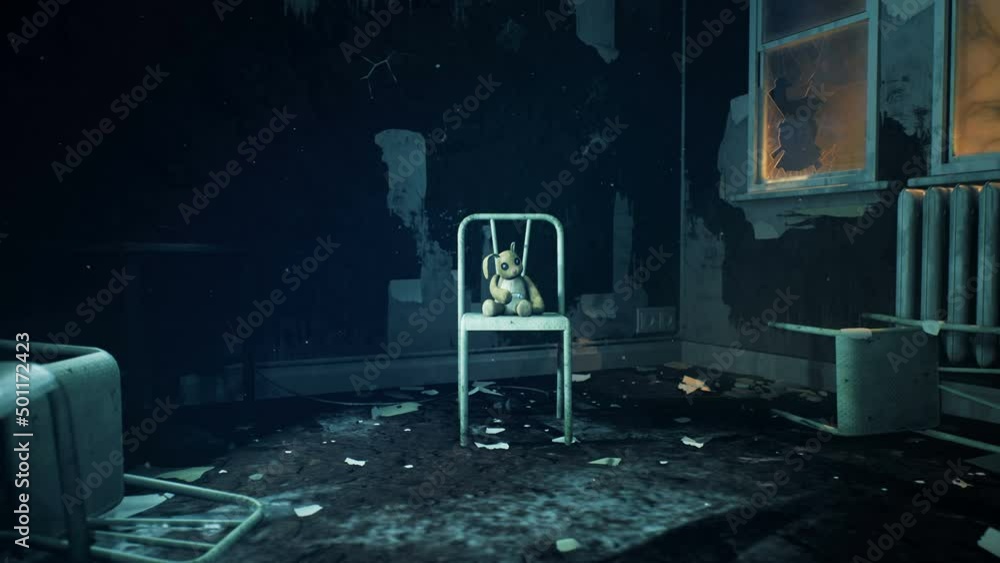 A dark, spooky room with flickering lights and a teddy rabbit sitting ...