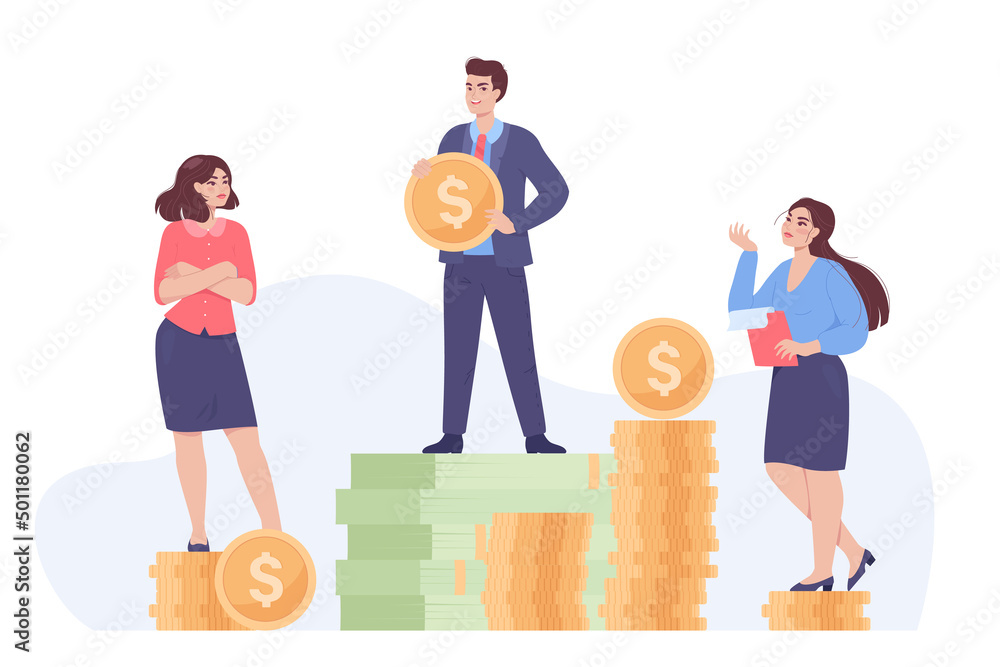 Happy man and sad women standing on unequal money stacks. Wage ...