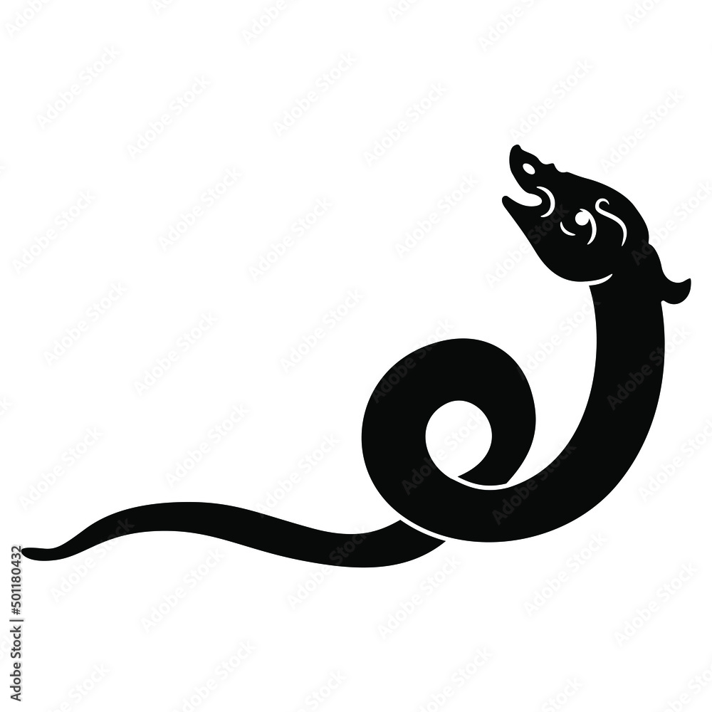 Coiled snake, serpent or dragon. Black and white silhouette. Medieval ...