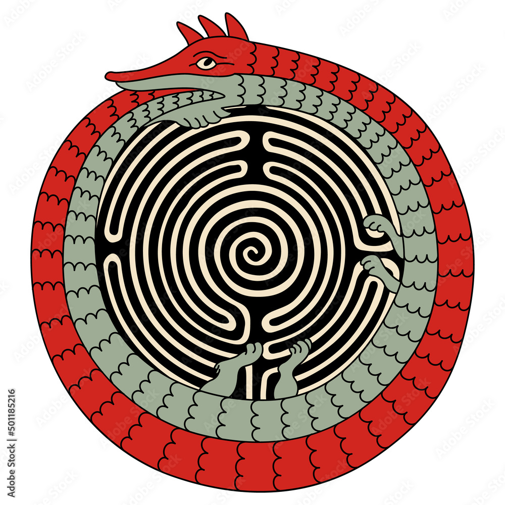 Ouroboros coiled around round spiral maze or labyrinth symbol ...