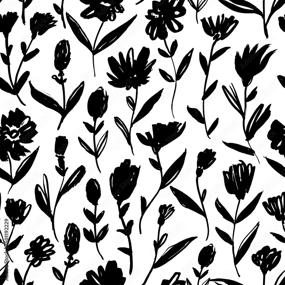 Brush black small flowers with leaves vector seamless pattern. Hand ...