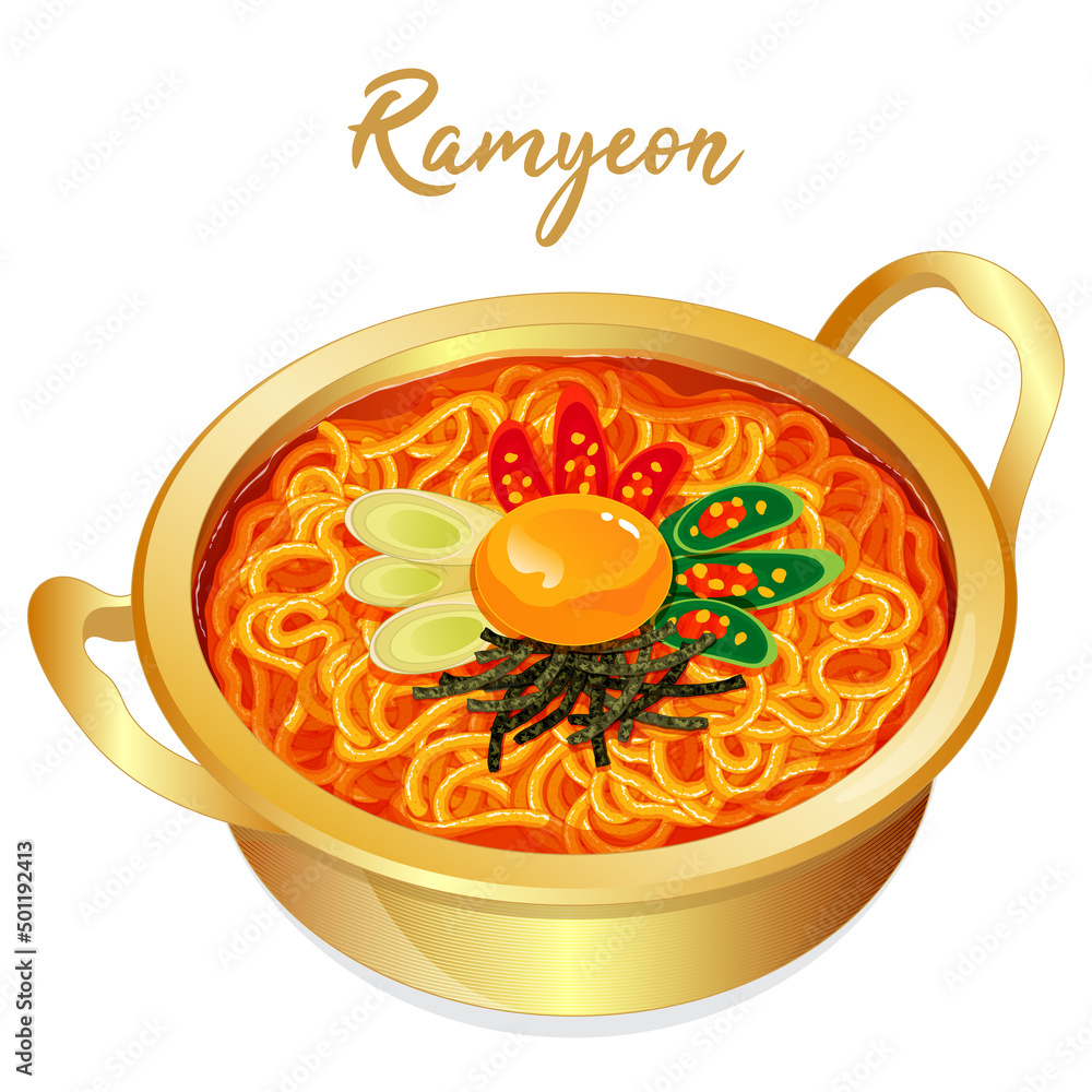Spicy korean kimchi ramen (Sundubu Ramyun, ramyeon noodles) in golden ...