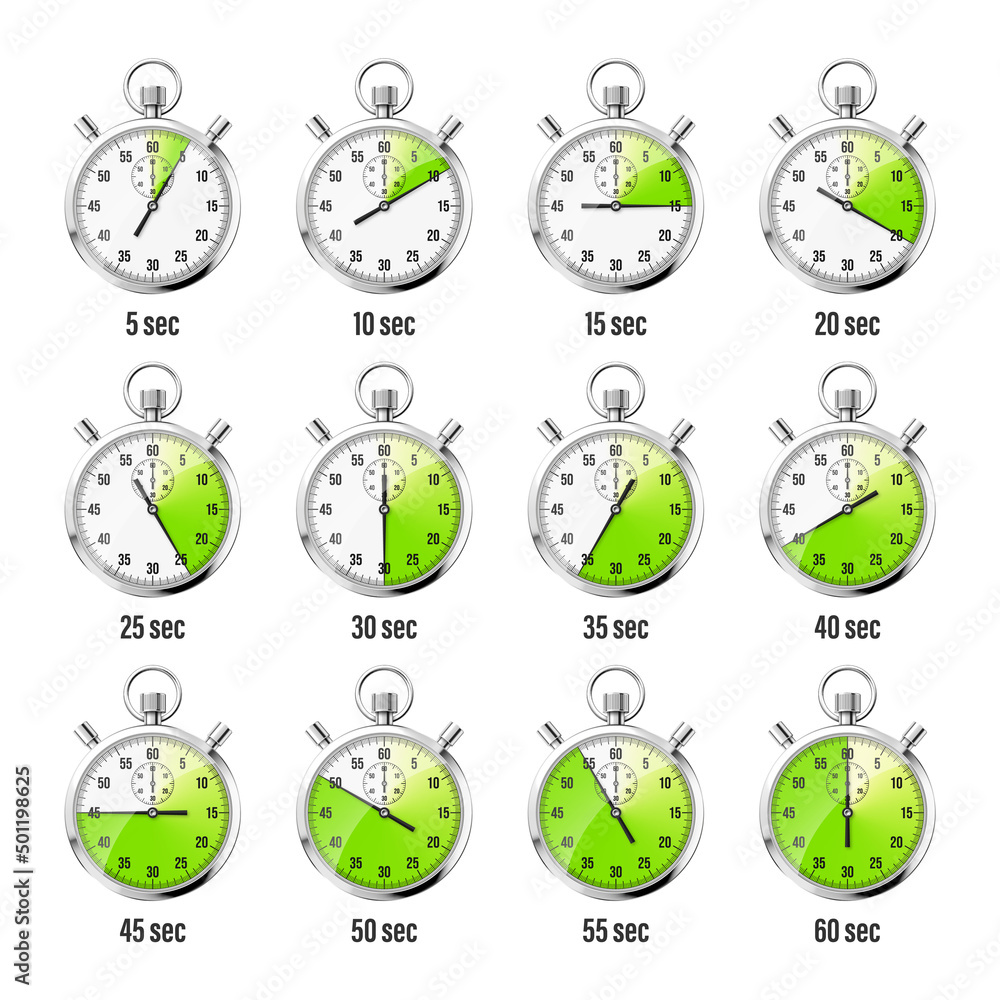 Realistic classic stopwatch icons. Shiny metal chronometer time counter ...