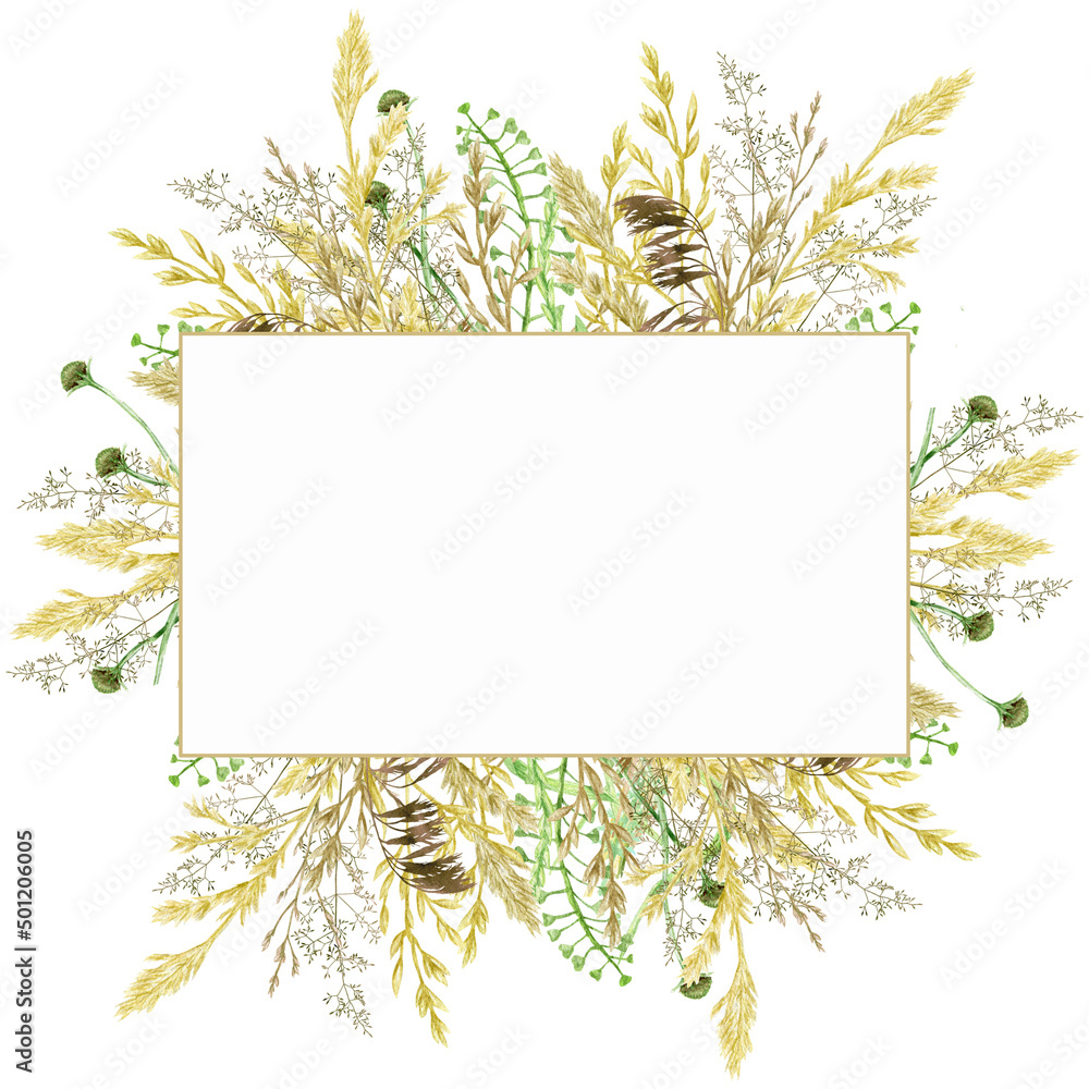 Watercolor greenery frame, Floral grass wreath. Hand drawn wild meadow ...