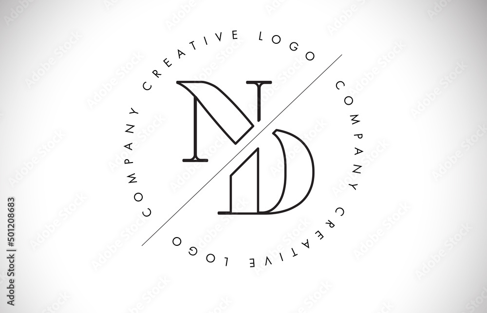 Outline ND n d letter logo with cut and intersected design and round ...