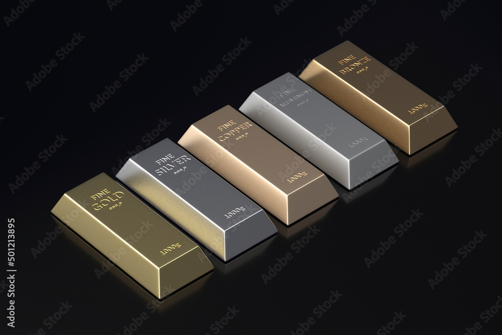 Set of different metal ingots. Gold, silver, aluminum, bronze, copper ...