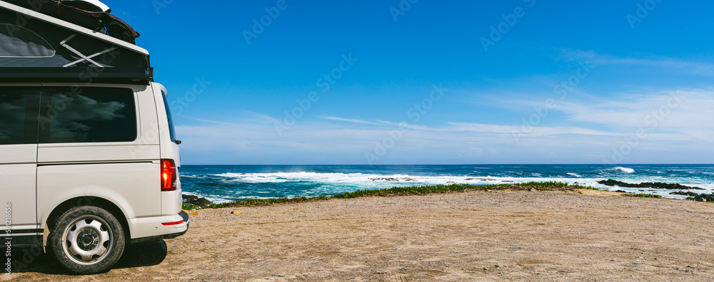 Transporter Camping Van bus at the California Ocean in the coastal ...