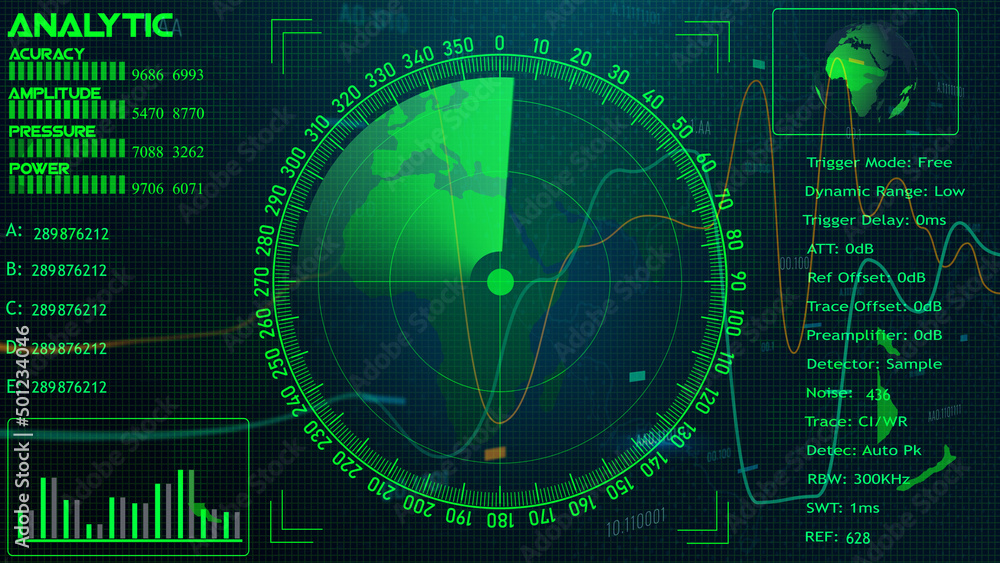 Technology interface HUD rotating on dark virtual screen with animated ...