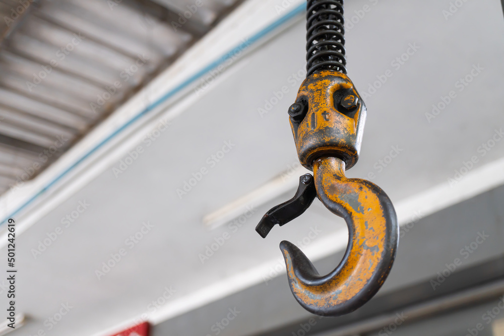 Crane hook. The system of pulleys and ropes. Close up crane hook for ...