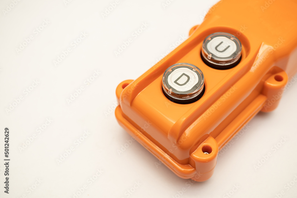 Hoist push button switch in isolated. cranes remote. Up Down hydraulic ...