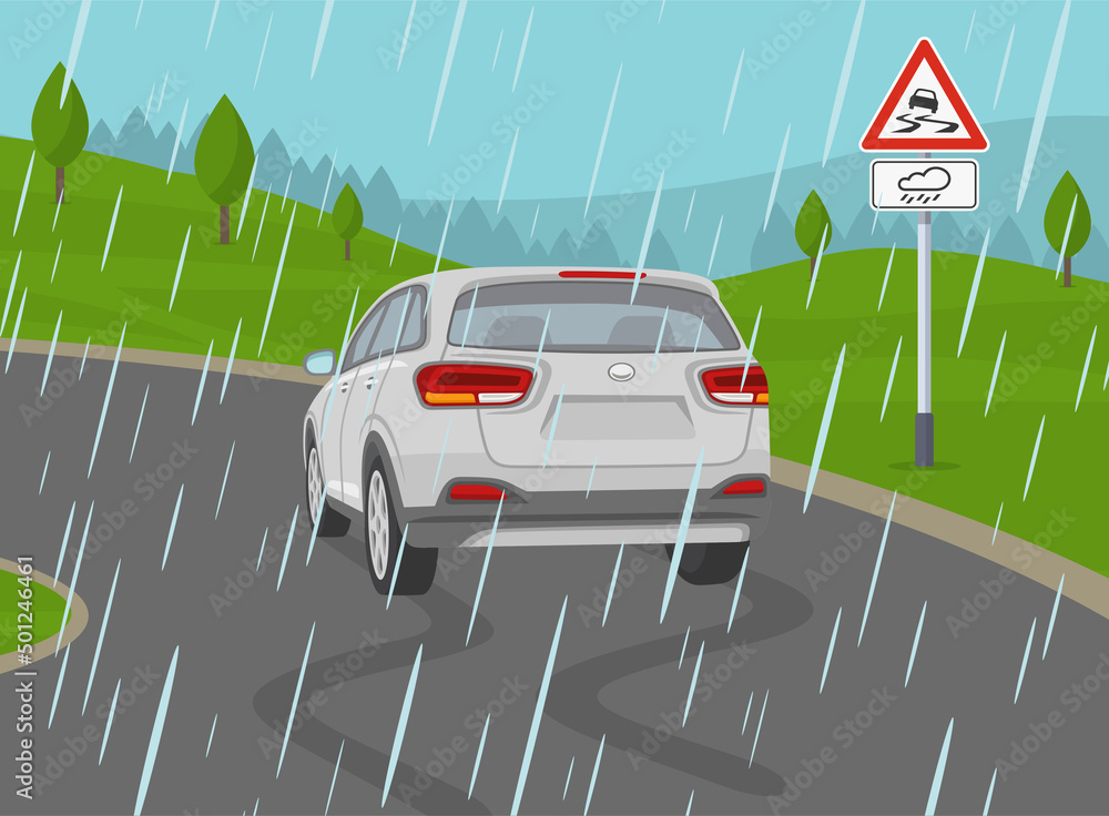 Safe car driving rules and tips. Driving on a rainy and slippery road ...