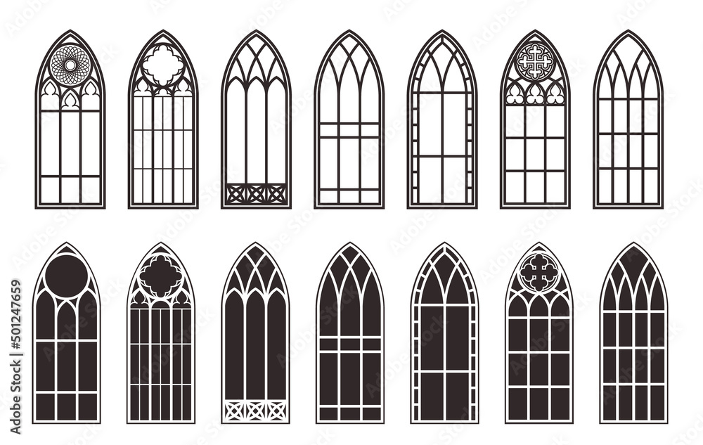 Gothic windows outline set. Silhouette of vintage stained glass church ...